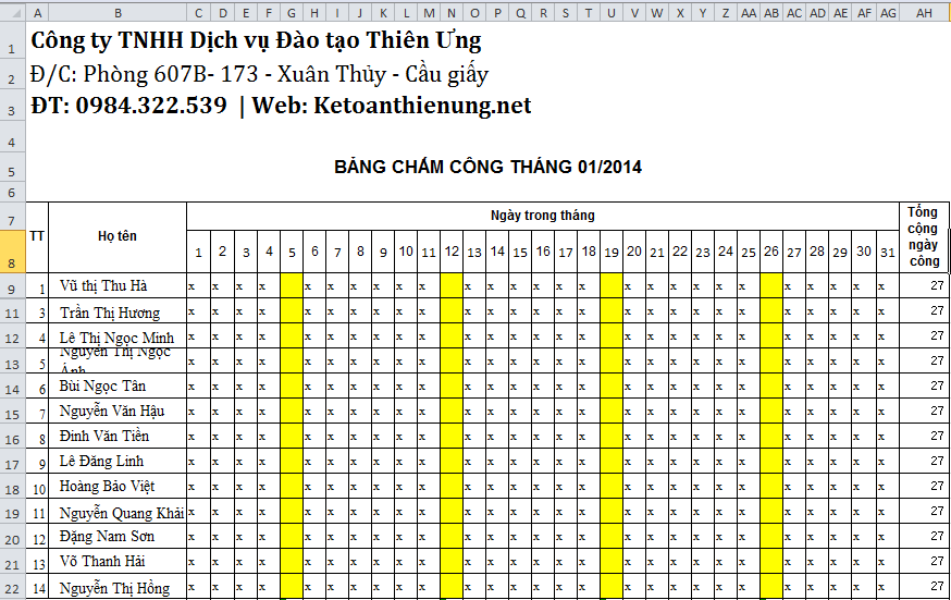 Mẫu bảng chấm công trên Excel cho nhân viên