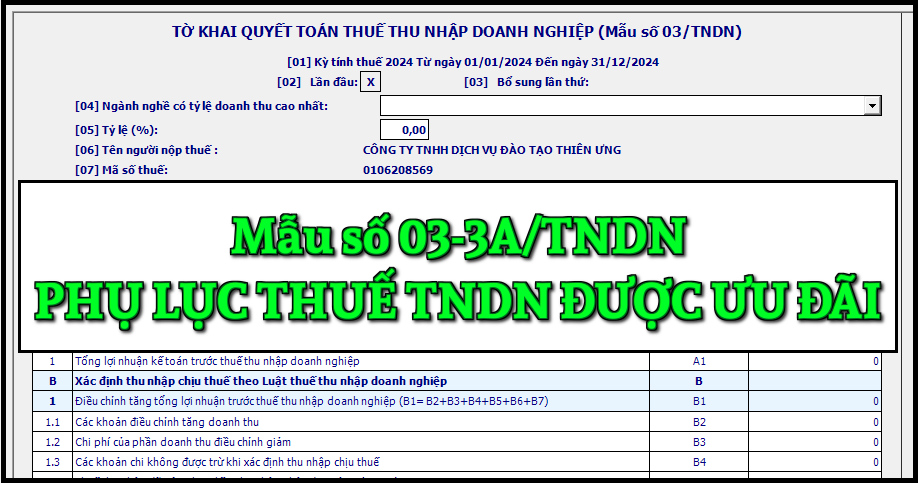 Mẫu số 03-3A/TNDN Phụ lục thuế TNDN được ưu đãi theo TT 80